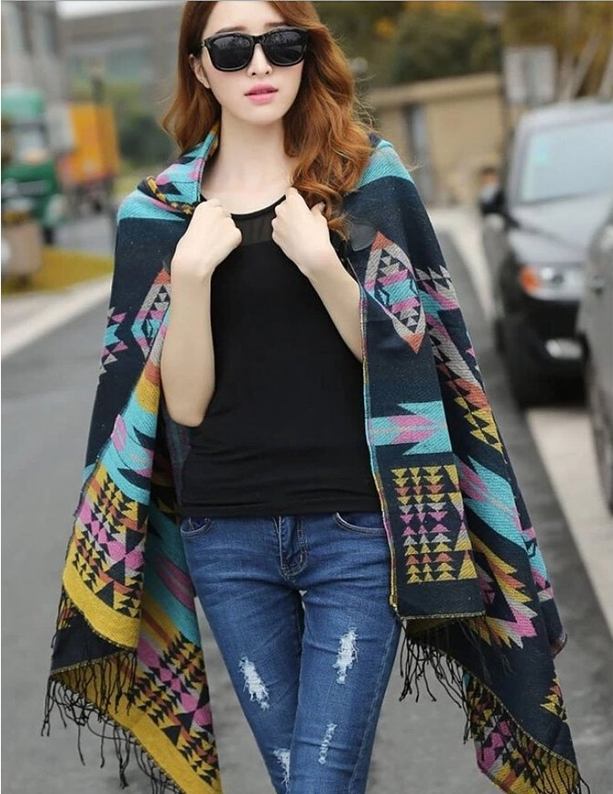 Women's Boho Aztec Tribal Cardigan Wrap Hooded Scarf Shawl Cape on Luulla